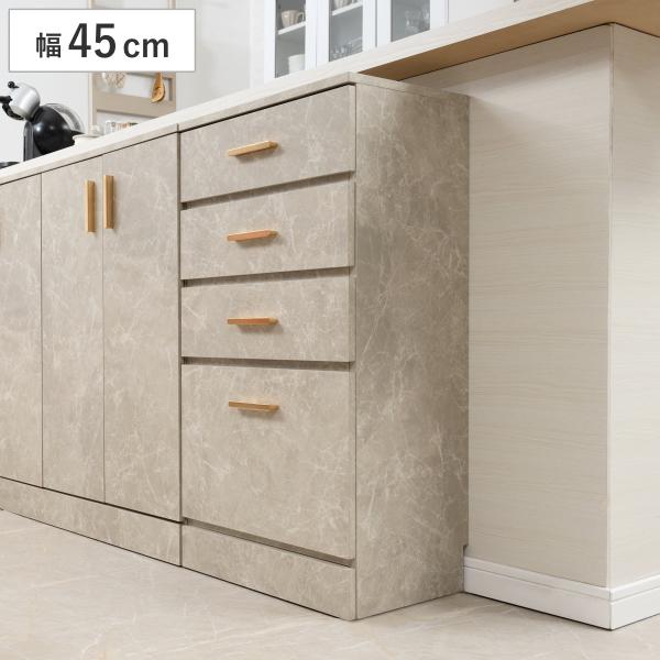 サイズ/約幅45×奥行30×高さ87.5cm重量/約19kg内容量/1台付属品：転倒防止金具材質/本体：強化プリント紙化粧繊維板生産国/中国製引き出し段数/4段天板耐荷重/10kg組立状態/お客様組立品●カウンター下収納に特化した薄型設計の...