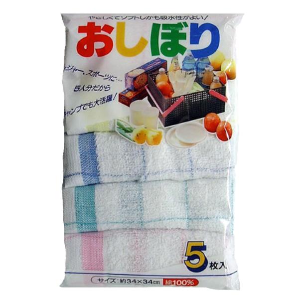 サイズ/約横34×縦34cm内容量/5枚材質/綿100％生産国/中国製●パイル織ですので、やさしくてソフト、吸水性、保水性のよいおしぼりです。●レジャー、スポーツ、キャンプなど、5枚入りで大活躍します。タオル ハンカチ 手拭き ハンドタオル...