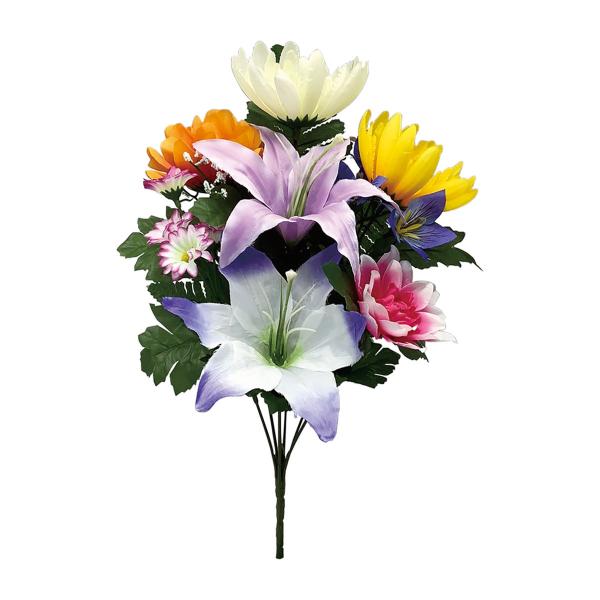 サイズ/約幅27×奥行10×高さ47cm重量/約100g内容量/1束材質/ポリエステル、ワイヤー、プラスチック生産国/中国製●仏前・墓前にお供えする造花の仏花です。●お手入れいらずで枯れる心配もありません。●百合を中心にボリュームよく仕立て...