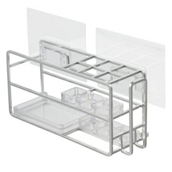 サイズ/約幅18.5×奥行5.5×高さ8.5cm内容量/1個材質/本体：ステンレス鋼線トレー：AS樹脂保護パーツ：EVA吸着シート：PC（ポリカーボネート）生産国/中国製●浮かせる壁面収納で洗面所をすっきり整理できる、スタイリッシュな角ワイ...