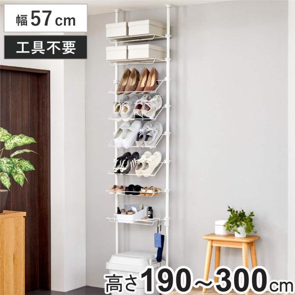 サイズ/約幅57×奥行22.5×高さ190〜300cm重量/約5kg内容量/1台材質/支柱、パイプ棚：鉄、エポキシ樹脂粉体塗装樹脂部品：ABS樹脂、合成ゴムバネ：バネ鋼、 メッキねじ類：鉄、メッキ生産国/中国製棚板1枚あたり耐荷重/2kg組...