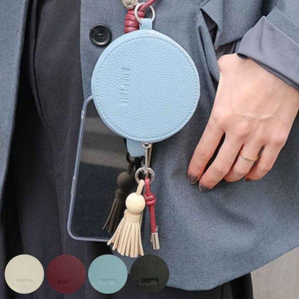 サイズ/約高さ2cm直径：約10cm金具含まず材質/本体・チャーム：合成皮革内生地：ポリエステルタッセル：合成皮革・木金具：亜鉛合金種類/アイボリー、バーガンディー、ライトブルー、ブラック生産国/中国製●イヤホンやアクセサリーなどの小物をス...