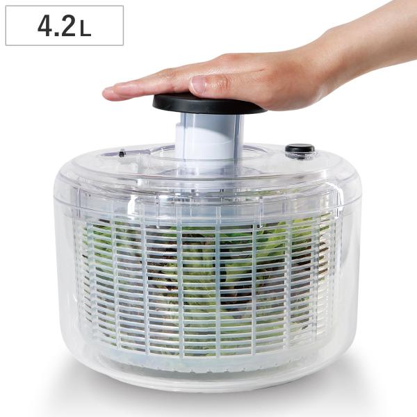 サイズ/約高さ16.5cm直径：約23cm容量/約4.2L内容量/1個材質/プラスチック生産国/中国製●押すだけで洗った野菜の水切りができる、プラスチック製のサラダスピナーです。●蓋をしてワンプッシュするだけで、内ボウルが勢いよく回転し、遠...