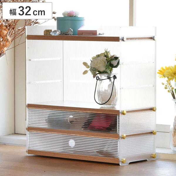 サイズ/約幅32×奥行15.5×高さ34cm引き出し内寸：約幅29×奥行14×深さ4cm※1杯あたり重量/約2.5kg内容量/1台材質/フレーム：アクリル4.5mm棚板：中質繊維板にメラミン貼り9mm生産国/中国製引き出し段数/2段耐荷重/...