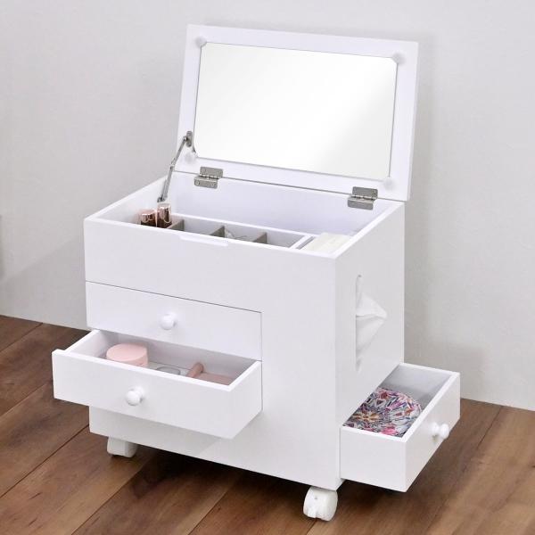 サイズ/約幅42.5×奥行27.5×高さ41.5cm重量/約9.2kg内容量/1台材質/本体：木質繊維板（ラッカー塗装）、鏡キャスター：樹脂生産国/中国製引き出し/3杯（正面×2・側面×1）キャスター/付き組立状態/お客様組立品●コンパクト...