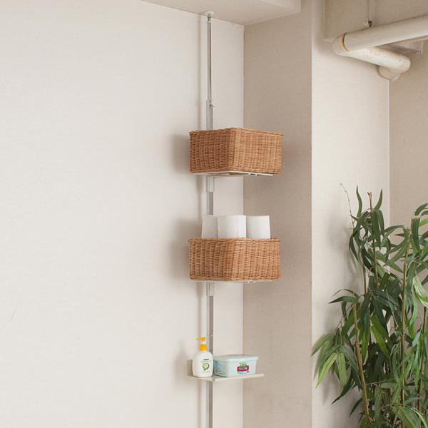 サイズ/本体：約幅28×奥行31×高さ202.5〜258cm棚板：約幅24×奥行17cmカゴ：約幅28×奥行28×高さ15cm重量/約4kg内容量/1台付属品：バスケット2個、バスケット設置用可動棚2枚、可動棚1枚材質/フレーム：スチール（...