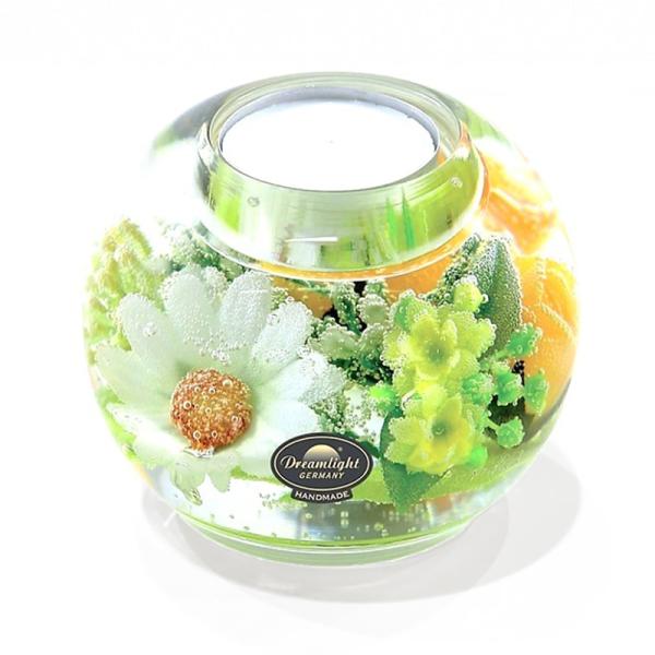 ●付属品：ティーライトティン1個・専用化粧箱●サイズ本体：直径約9cm×高さ8cm●素材　ガラス・ジェル・造花●原産国本体：ドイツ【スプリングフラワー】春の訪れを喜ぶかのような、元気の出る明るい色合いの人気商品です。黄色いバラとデイジーで可...