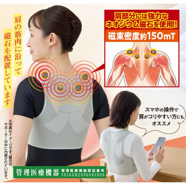 ◆　製品説明　◆・肩部分に永久磁石(ネオジウム磁石)を4個配置。・磁気のパワーで、『肩のコリ』と『血行』を改善します。・サポーターを着ける事でパソコンやスマートフォンの操作で、前傾になりやすい背中部分を優しく支えてくれます。・肩の筋肉（僧帽...