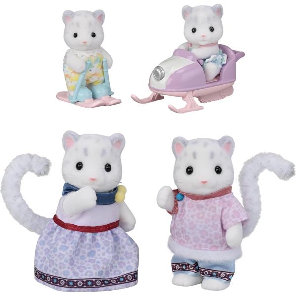 商品紹介*白くてふわふわの毛と長いしっぽが特徴のゆきヒョウファミリーです。*お父さん、お母さん、お揃いのロンパースを着た赤ちゃんふたりと小物のセットです。お洋服は優しい色合いのレオパード柄。*赤ちゃんスノーモービルに赤ちゃんを乗せて遊べます...