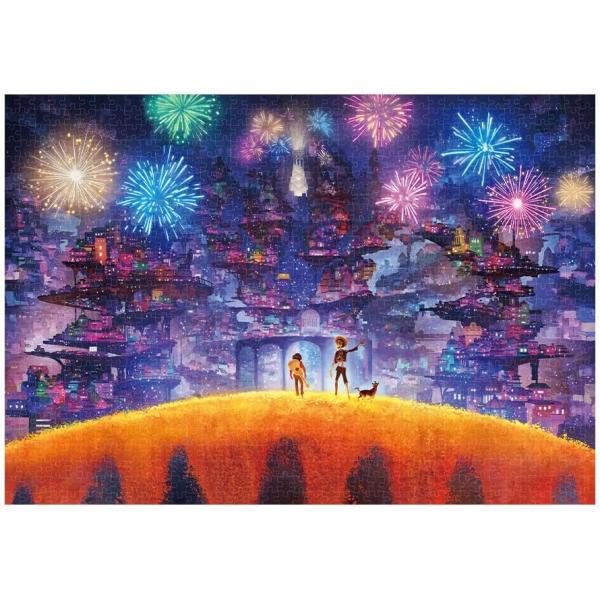 「リメンバー・ミー」の「死者の国」を描いたアートがキャンバススタイル1000ピースで登場！パズルの表面に凹凸をつけ、絵画で用いる「キャンバス」の風合いを出しています。