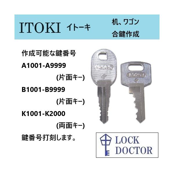 ITOKI(イトーキ)デスク・机の合鍵を鍵番号(鍵穴番号)から高精度で綺麗な仕上がりのコンピューターキーマシンで作成いたします。製品の種類:デスク・机・ワゴン対象鍵番号:  A1001-A9999(片面キー、旧型のA+数字1,2,3,4の組...