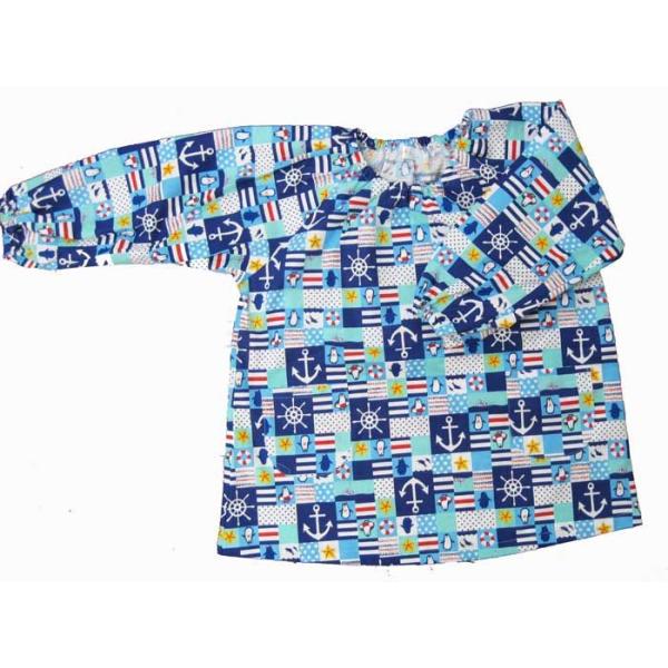 スモック ブルーパッチワークマリーン柄 　かぶり長袖キッズスモック 子供用スモック お絵かき 保育園 幼稚園 お稽古 入園 入学の詳細●カラーブルーパッチワークマリーン柄●素材：綿100％●サイズ：120cm(着丈約55cm）●ポケット左右...