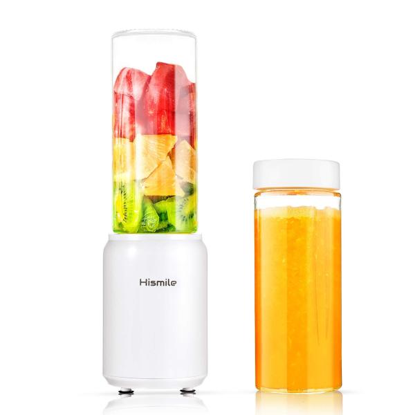 Hismile コンパクトミキサー スムージーミキサー 氷も砕ける ハイパワー ガラス製容器 チタンコートカッター レシピプレゼント 日本品質保証とサービ ホワイト【コンパクト】幅わずか6.8cmのボディで手軽に使用・収納可能。使い方は簡単...