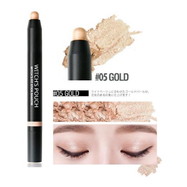 水にも汗にも強い。強力密着のスティックシャドウ！韓国コスメ Witch’s Pouch ウィッチズポーチ 05 ゴールド GOLDです。ライトベージュに合わせたゴールドパールが、活気のある印象に仕上げます！今までにない強力密着が、あなたの目...
