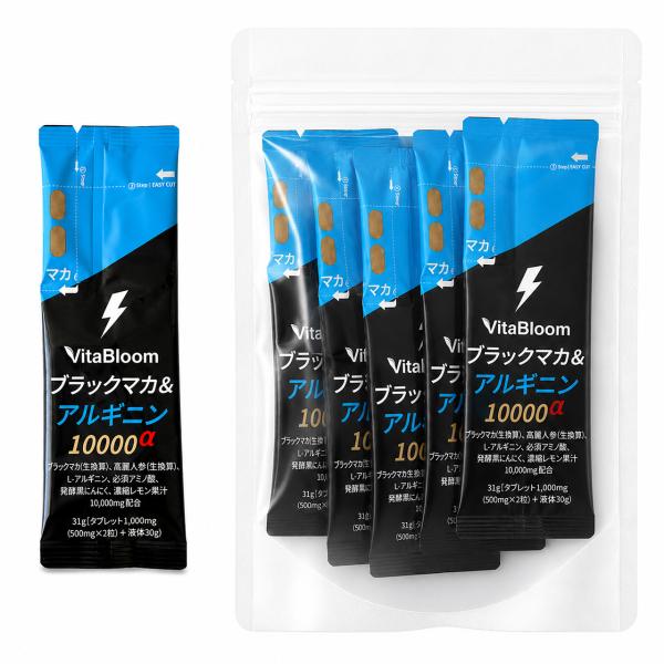 VitaBloom ブラックマカ&amp;アルギニン 10000α は、液体30mlと粒タブレット2錠を1包にまとめた、日本初上陸の二重剤型活力サプリメントです。韓国特許取得済の独自構造で、L-アルギニン7000mgを液体パートに、ブラック...
