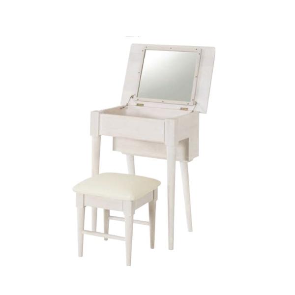 テーブルタイプのおしゃれなドレッサー！天板を開けると鏡が付いているテーブルタイプのドレッサーとスツールのセットです。天板を閉じると机としても使用でき、天板下の収納には化粧品などを収納できます。天然木の素材感とホワイトカラーが優しく女性らしい...