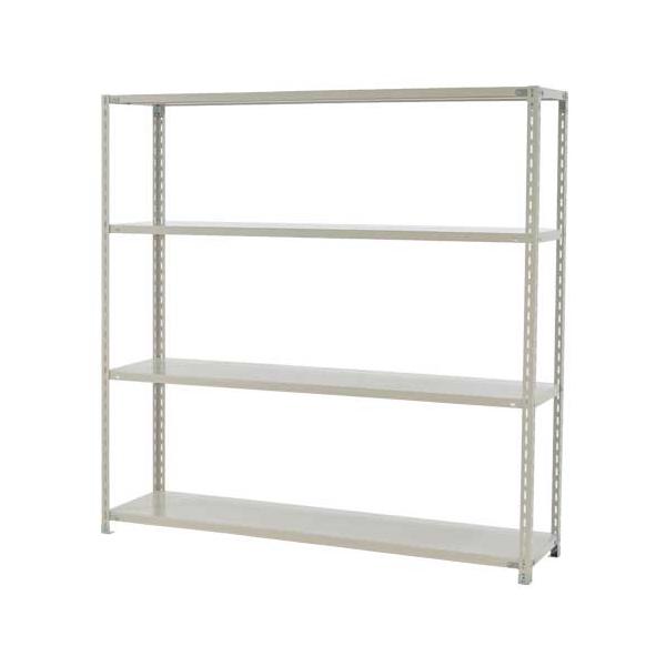 アングル材と棚板をボルトで固定するシンプルなスチール製ラックです。棚板は50mm間隔で上下変更可能です。商品番号62-YS-B442S-W-04組立品（新品）付属品W型コーナープレート（L用×4ヶ・R用×4ヶ）、ベースプレート（4ヶ）、 固...