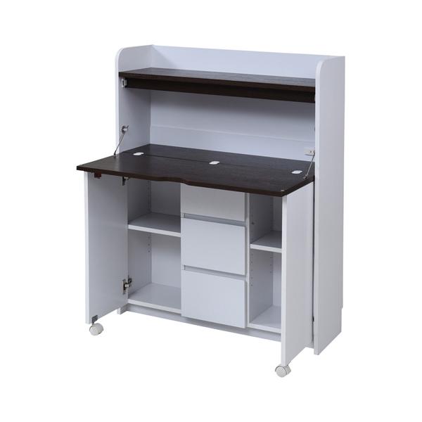 必要な時だけデスクを広げて使う収納型デスク！扉内の可動棚は3.2cm間隔で11段階の高さ調節が可能です。2口コンセントや配線通しと配線タップ受けが付いています。天板を支える板はキャスター付なので開閉が簡単にできます。商品番号JK-FWD-0...