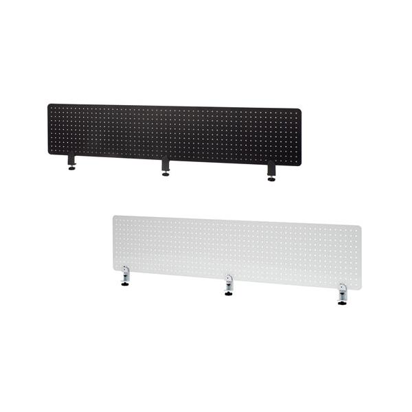 パネルに孔開きのパンチングメタルを使用した、光が感じられるデスクトップ用スクリーン。スチール製でマグネットが使用できます。クランプ式で取り付けが簡単にできます。金具は左右に動きます。商品番号68-SHDTP-P14組立状態お客様組立の商品（...