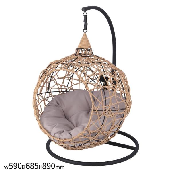 トロピカルムードを感じられるラタン調デザインのペット用ハンギングチェアです。商品番号FJYF19113組立状態お客様組立の商品（新品）カラーナチュラルサイズ外寸：幅590×奥行685×高さ890mm重量：4.5kgバスケットサイズ：幅590...