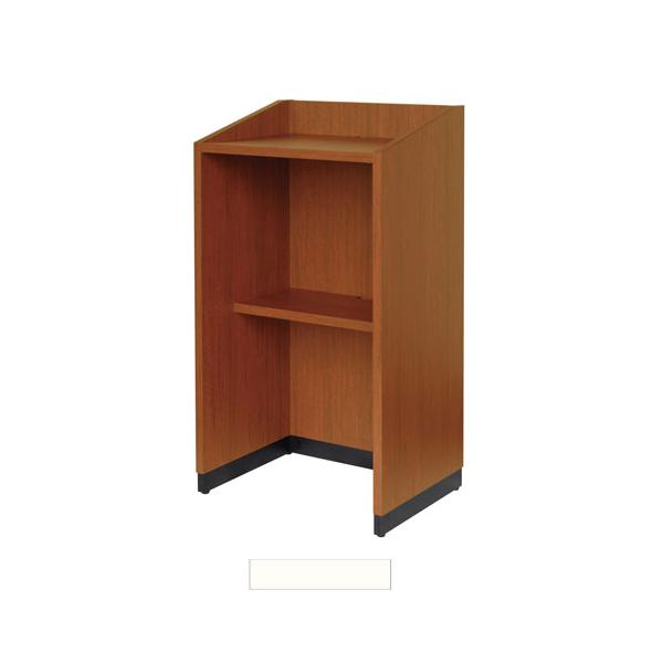 講演や演説、プレゼンテーション時に活躍する司会台です。天板にはPCやマイク等の設置用に配線穴が開いています。商品番号KSKD-6045WH完成品（新品）サイズ外寸：幅600×奥行450×高さ1100mm仕様天板・棚板：メラミン化粧板側板・幕...