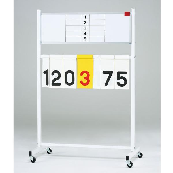 ホワイトボード付きの得点板です。キャスター2個はストッパー付きなので位置の固定もできます。1〜199表示で多目的に使用が可能です。教育施設やスポーツ施設で活躍します。商品番号TL-B4126組立状態お客様組立の商品（新品）カラー画像でご確認...