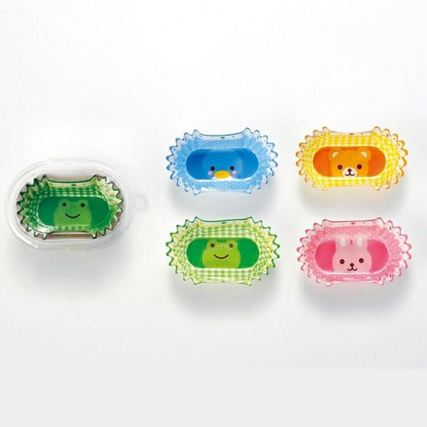 お弁当が楽しくなるかわいいアニマル柄♪食べ終わるとどうぶつの顔が出てきます。お弁当の隙間を埋める楕円型サイズ。