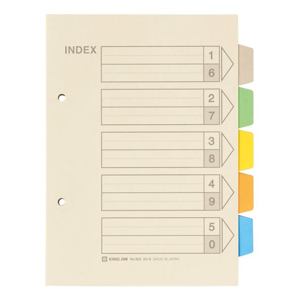●規格：Ａ５判タテ型●穴数：２穴●仕様：５色５山６枚１組●外寸：縦２１０×横１６０ｍｍ●材質：古紙使用