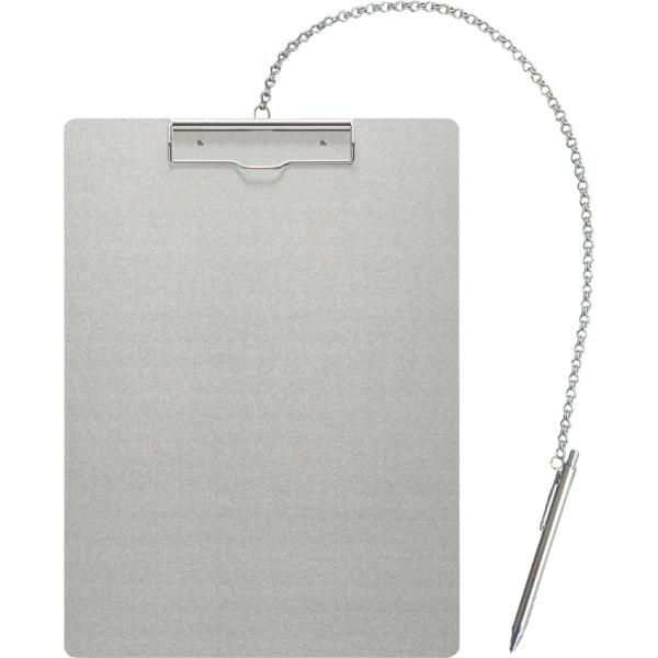 ●規格：Ｂ４判●外寸：縦３９５×横２９０ｍｍ●厚：１４．４ｍｍ●ボード厚：１ｍｍ●綴じ枚数：５０枚●材質：板面＝アルミ，チェーン／ペン＝ステンレス●チェーン，ペン（０．７ｍｍ油性ボールペン）付