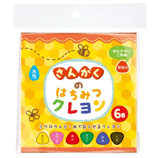 持ちやすい!ちょっと太めの三角軸。はじめてクレヨンを使うお子さんに最適です。■内容物：三角軸クレヨン6色(みつろう入り)■クレヨン材質：ワックス・ミツロウ・タルク・顔料・乳化剤■重量：約95g■生産地：台湾