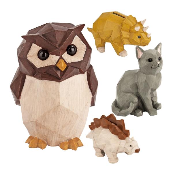 お金貯める500円100円梟ねこステゴサウルストリケラトプス大人プレゼント貯金箱,ふくろう,ネコ,恐竜,スオーラSUORA,木彫り,動物,置物,インテリア猫,ねこ,梟,きょうりゅう,アニマル,マネーバンク,MONEYBANK,オブジェ,おし...