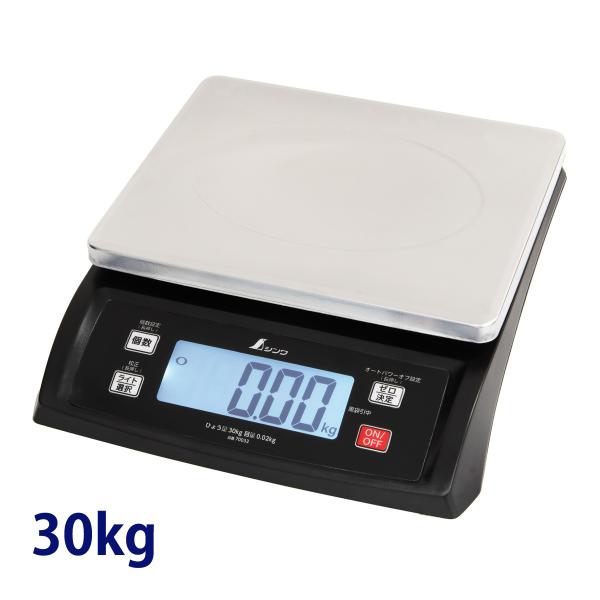 文字高30mmで大きく見やすい液晶を採用しました。風袋引機能付で容器の重さを引いた測定ができます。軽量タイプ。本体サイズ:64×234×246mm■ひょう量：30kg■最小測定量：0.08kg■精度：±0.06kg■目量：0.02kg■使用...