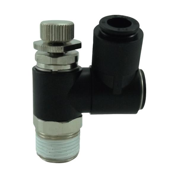 空圧用品 空圧・油圧機器 スピードコントローラ ●難燃性PBT樹脂を標準採用し、溶接環境での事故を防止します。●ニードル弁の回転数が多いので、滑らかな速度制御が可能。●接続口径：R3/8●適合チューブ外径D(mm)：8●適合チューブ外径(m...