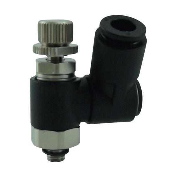 空圧用品 空圧・油圧機器 スピードコントローラ ●難燃性PBT樹脂を標準採用し、溶接環境での事故を防止します。●ニードル弁の回転数が多いので、滑らかな速度制御が可能。●接続口径：M5×0.8●適合チューブ外径D(mm)：6●適合チューブ外径...