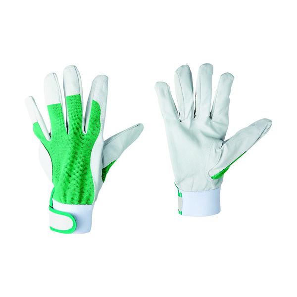 保護具 作業手袋 革手袋 ●作業性に優れ、摩耗に強く、軽量で柔軟性に優れています。●甲部はカラーメッシュでより通気性良好です。●電工・機械・荷役・運送・園芸・レジャーなど。●色：グリーン●サイズ：LL●全長(cm)：23.5●手のひら周り(...