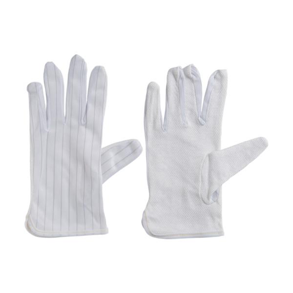 保護具 作業手袋 静電気防止手袋 ●表面は、すべりにくいプラスチックドット付です。●導電性のあるポリエステル繊維で編み込まれ、静電性に優れています。●電子機器の組み立てに。●色：ホワイト●サイズ：M●全長(cm)：21.0●手のひら周り(c...