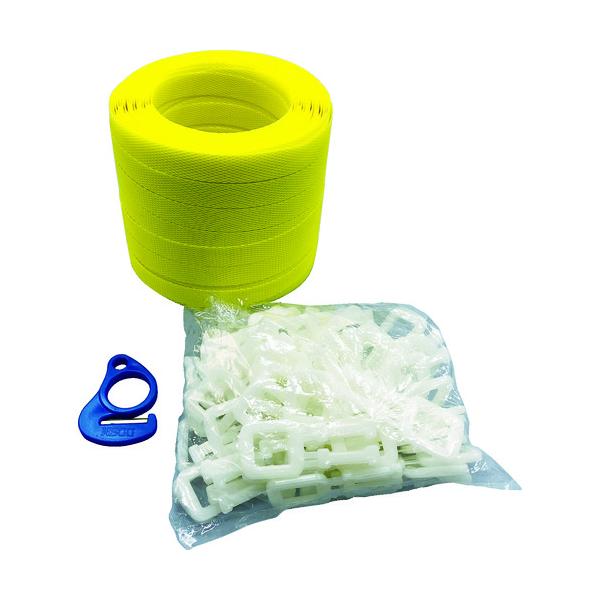 梱包用品 梱包結束用品 ＰＰバンド ●ＰＰバンドとストッパーのセット物です。●手締め用の結束、梱包●色：黄●幅(mm)：15.5●長さ(m)：100●厚さ(mm)：0.5●引張強度(kg)：100●ストッパー50個、カッター1個●破断伸度：...