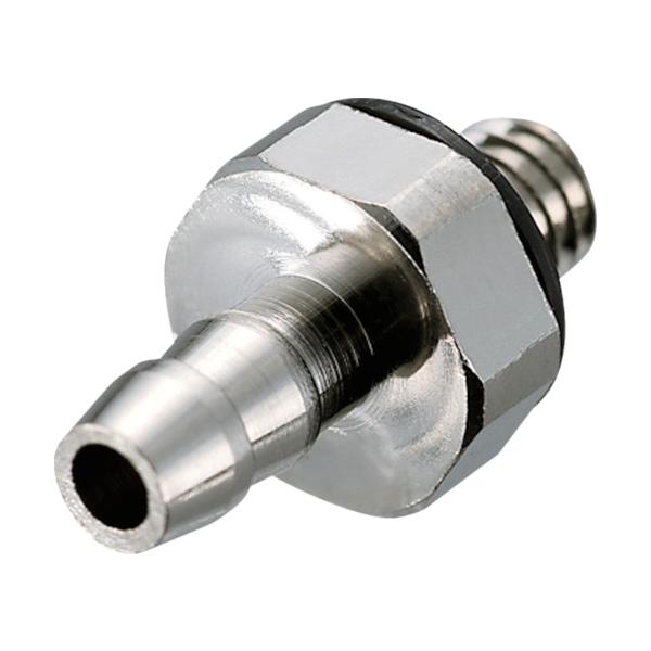 メカトロ部品 軸受・駆動機器・伝導部品 ロボットハンド用パーツ ●φ4ホース用接続継手。●接続サイズ：M5●幅(mm)：4.9●適合チューブ外径(mm)：φ4〜4.5●高さ(mm)：10.5●品名：継手●適合配管外径：φ４、φ４.５●接続口...