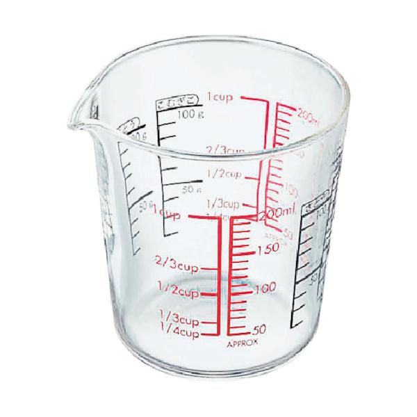 研究用品 理化学用品 ビーカー・計量カップ ●粉ものは黒、液体は赤の計量メモリのメジャーカップです。●中からも読めるメモリです。●粉ものは黒、液体は赤の計量メモリで読みやすいです。●電子レンジ用。●容量(ml)：200●目盛間隔(ml)：1...