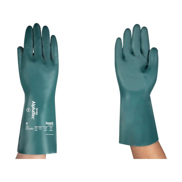 保護具 作業手袋 耐薬品・耐溶剤手袋 ●高性能ニトリル化合物は、ゴム手袋またはネオプレン手袋に比べて、伝線防止特性、耐穿刺性、耐摩耗性がはるかに優れています。●手のひらの部分が逆ひし形に仕上げられているため、手が乾いた/ぬれた状態での把持力...