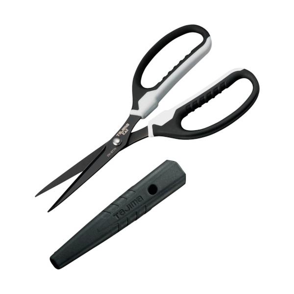 手作業工具 ハサミ・カッター・鋸 ハサミ ●幅広テープ(50mm)も1回で綺麗に切れる長刃設計です。●強粘着テープでも糊が付きにくいフッ素コートです。●手袋着用でも滑りにくいラバーグリップ仕様です。●細い線も滑らず切れる根元ギザ刃を装備して...