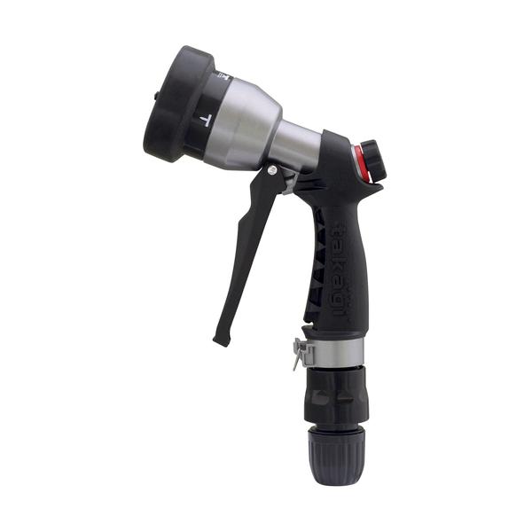 園芸用品 ホース・散水用品 ホースノズル ●金属の頑丈なノズルでありながら、ラバーグリップで手にフィットする使い心地にもこだわったタフギアメタルノズルです。●レバーを握ると連動してストッパーがロックされ、通水中の手への負担を軽減します。●ノ...