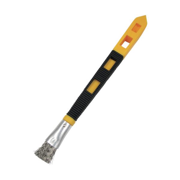 電動・油圧・空圧工具 研削研磨用品 ハンドブラシ ●すべりにくいエラストマー加工です。●柄の先端がスクレーパー状になっています。●研削、研磨用。●毛材：ステンレス●線径(mm)：0.19●植付(mm)：14●毛丈(mm)：15●全長(mm)...