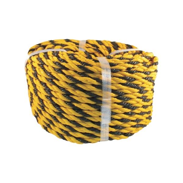 梱包用品 シート・ロープ ロープ ●立入禁止箇所の表示や区画整理などで目立つトラ模様です。●駐車場の区画整理、工事現場等。●線径(mm)：7.5●長さ(m)：50●包装形態：バンド掛け/シュリンクパック●ロープの打ち方：3つ打●ポリエチレン