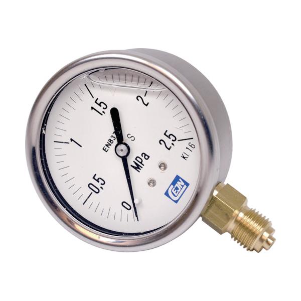 測定・計測用品 工業用計測機器 圧力計 ●振動、脈動がある受圧媒体の圧力測定に適したグリセリン入りです。●ケースはステンレス製で耐食性に優れています。●EN837-1規格品です。●圧力レンジ(MPa)：0.0〜2.50●最小目盛(MPa)：...