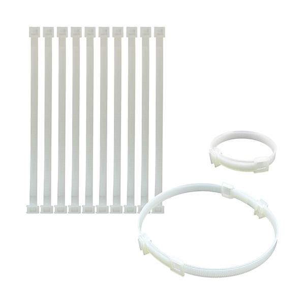 電子機器 電設配線部品 ケーブルタイ ●リユースタイプのケーブルタイです。●2本以上繋げることで最大束縛径を500mmまで広げることが可能です。●色：白●幅(mm)：8●長さ(mm)：200●厚さ(mm)：1●最大結束径(mm)：500●引...