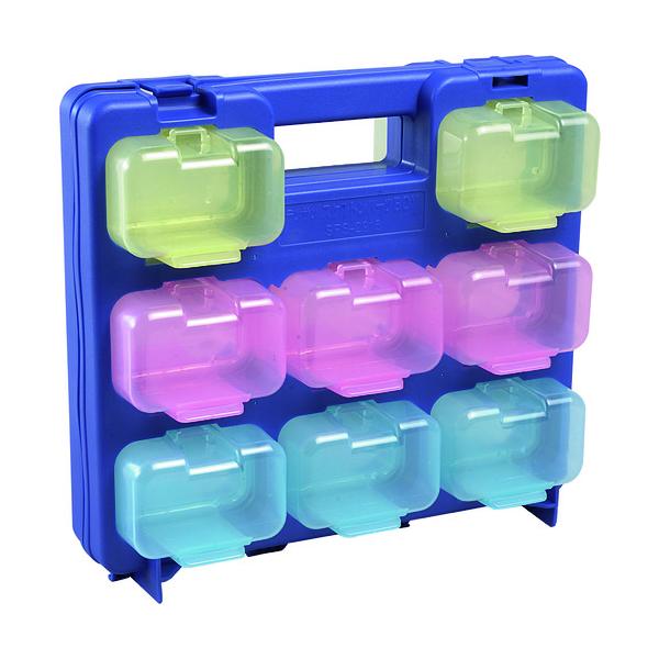 手作業工具 工具箱 パーツケース ●ケースのない-パーツボックス　使いやすいミニタイプ です。●色：青(フレーム)・ピンク6個、青6個、黄4個（小箱）●外形寸法(mm)間口：290●外形寸法(mm)奥行：110●外形寸法(mm)高さ：268...