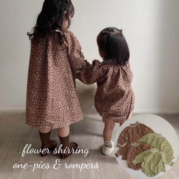 ・素材構成: 100%綿・size :　rompers…66 / 73 / 80 / 90　one-piece…73 / 80 / 90 / 100 / 110・color : green / bordeaux・落ち着いた色味に上品な小花柄...