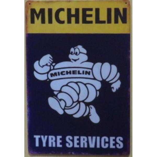 ミシュラン　タイヤ　 TYRE SERVICES 金属製　メタルサインプレートビバンダム　MICHELIN TIRE看板　ブリキ　アンティーク　ガレージ　インテリア　広告　カフェ　店舗備品ミシュラン　タイヤ　ビバンダムのかっこいい金属製サイ...
