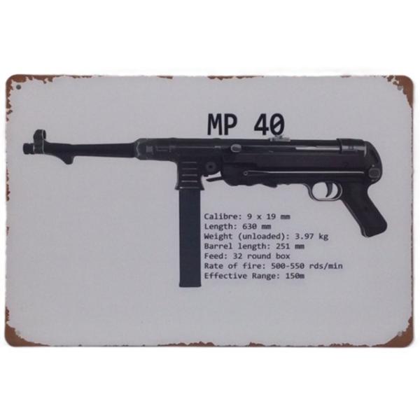 MP40 機関銃 シュマイザー　金属製　メタルサインプレートドイツ軍　銃器　ミリタリー　軍事 戦争 第二次世界大戦 WWII　看板　ブリキアンティーク　ガレージ　インテリア　広告　カフェ　店舗備品MP40 機関銃のかっこいい金属製サインプレート
